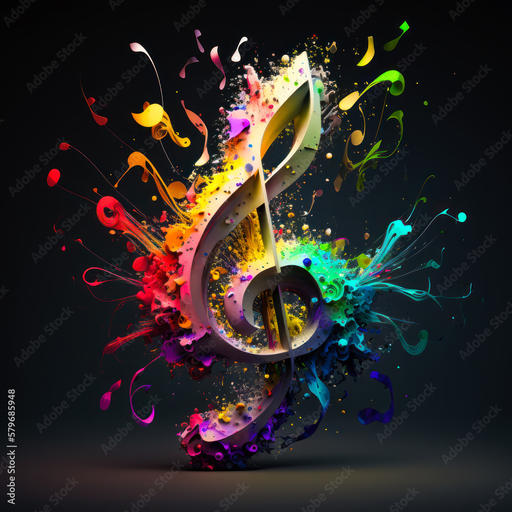 Colorful musical note with splashes of paint on black background ...