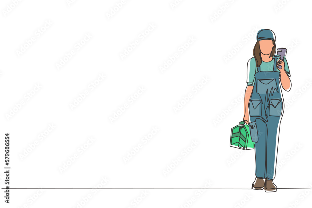 Single one line drawing woman plumber holding wrench and tools box in ...