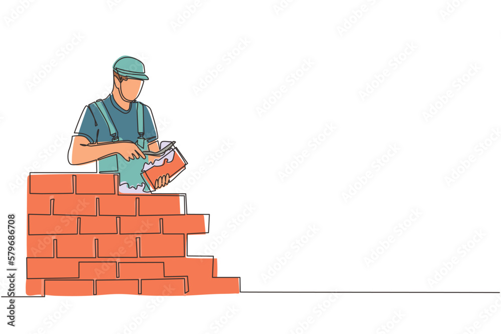 Continuous one line drawing repairman building brick wall. Construction ...