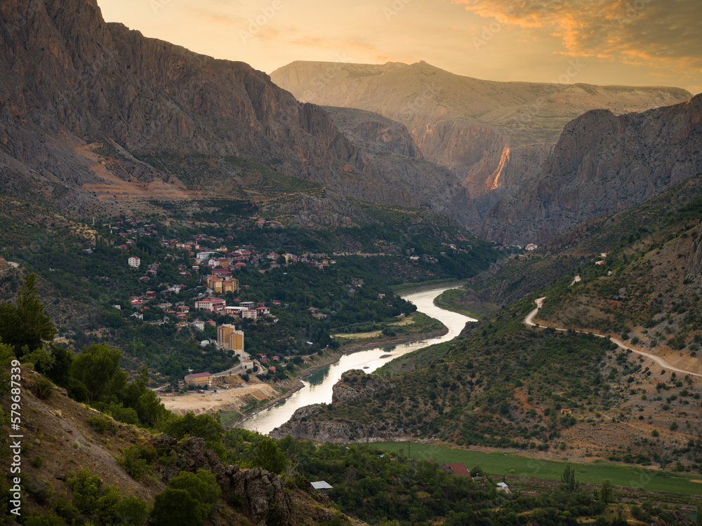 Kemaliye or formerly Egin. Top view of the historic town at sunset ...