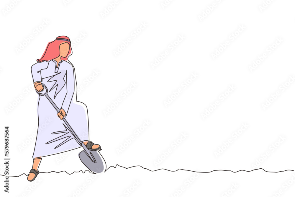 Single one line drawing Arabian businessman digging in dirt using ...