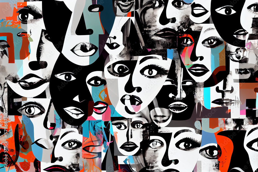 Faces collage black and white and colours elements, psychology, stress ...