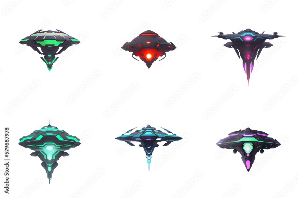 Menacing Alien Mothership Set, Flying Glowing Spaceship, Colorful 2D ...