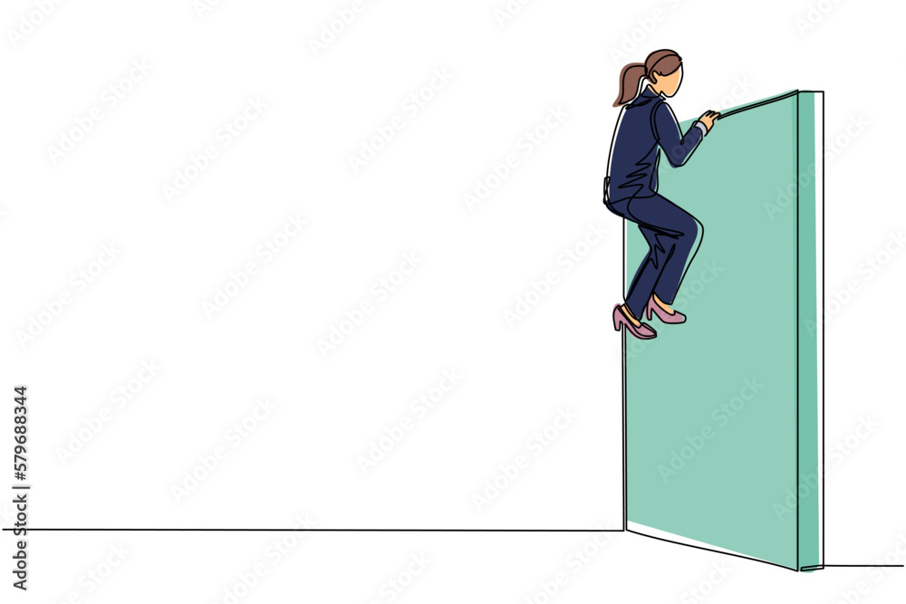Continuous one line drawing businesswoman overcame wall obstacles that ...