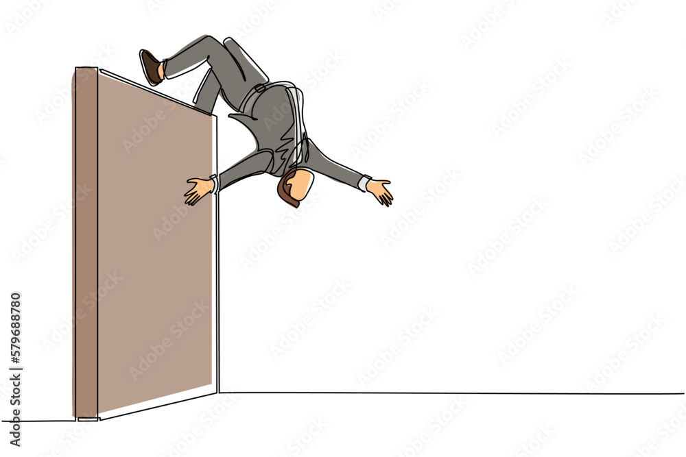 Single one line drawing businessman jumping over brick wall with ...