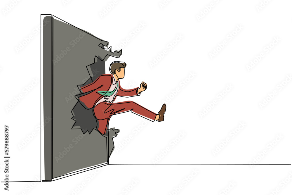 Single continuous line drawing businessman run and breaking through ...