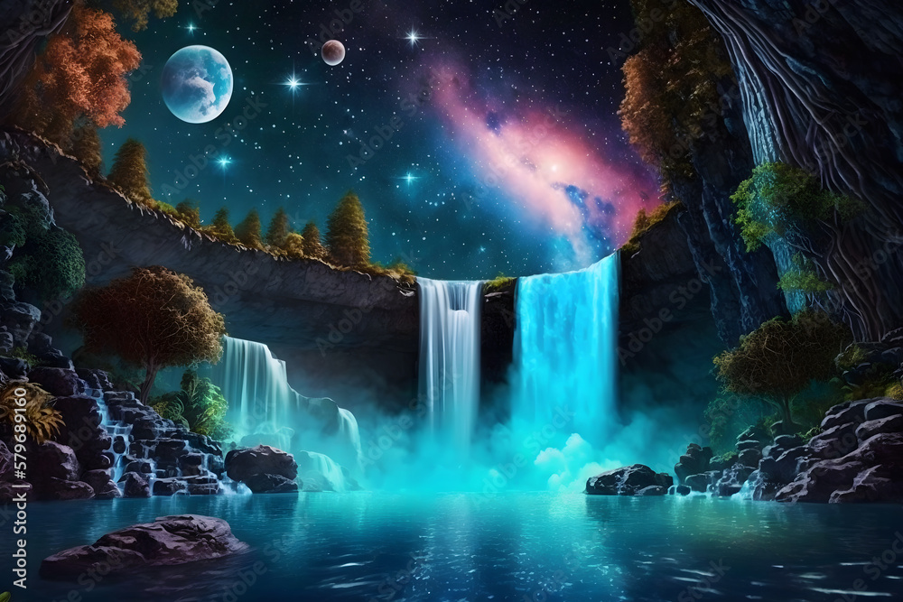 Fantasy beautiful futuristic landscape with a waterfall. Neural network AI generated art 素材庫插圖 ...