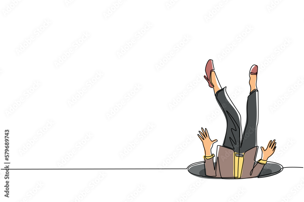 Single one line drawing businesswoman falling into pit hole. Legs up ...