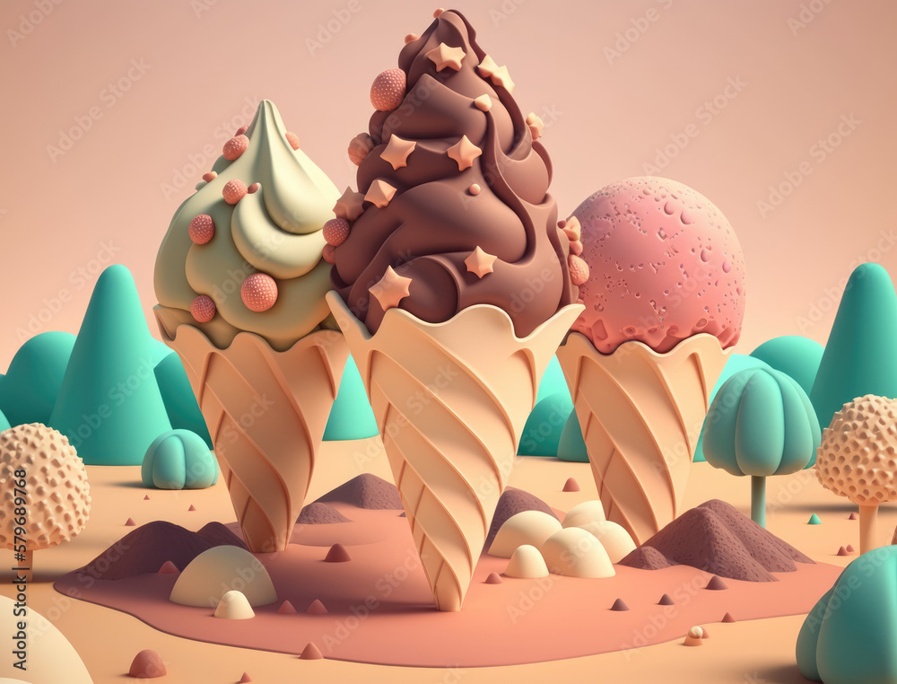 Ice cream in waffle cones. Ice cream land. Fairy tale landscape made in ...