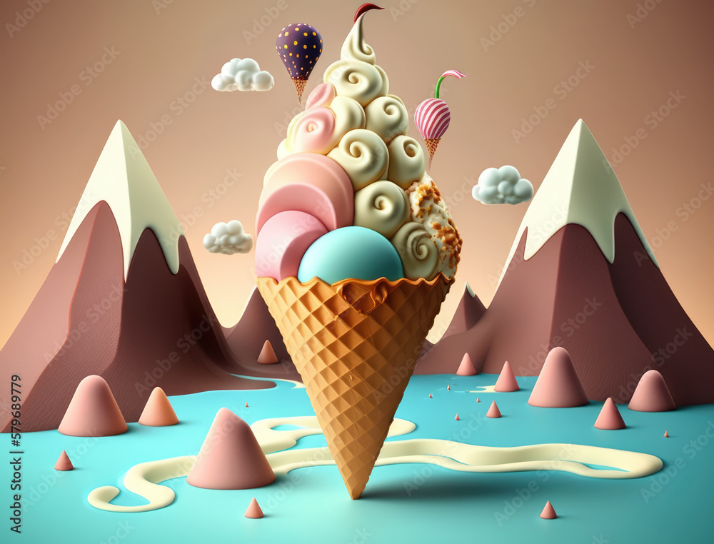 Ice cream in waffle cone. Ice cream land. Fairy tale landscape made in ...