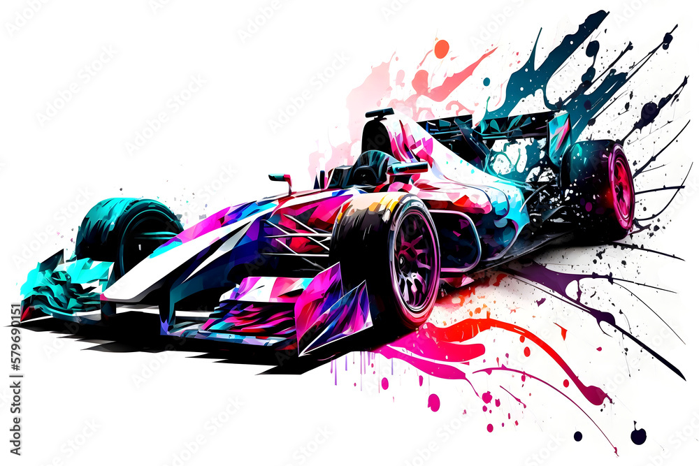 formula one race red car on watercolor rainbow splash, isolated on ...