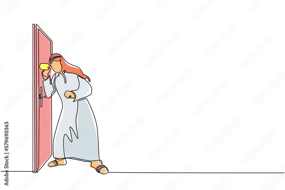 Single one line drawing Arabian man eavesdropping at the door. Curious ...