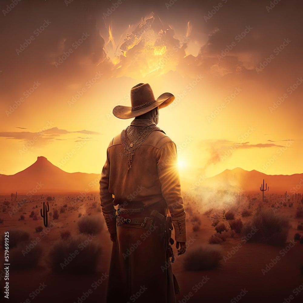 A cowboy wearing a starry cowboy hat, stood in the desert Stock ...