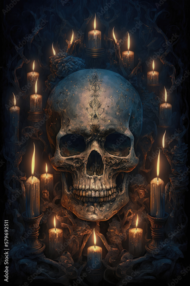 Gothic Skull Surrounded by a Sea of Candles - Dark and Moody Artwork ...