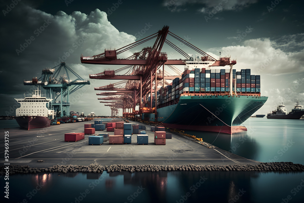 Crane loading cargo container import container ship in the ...