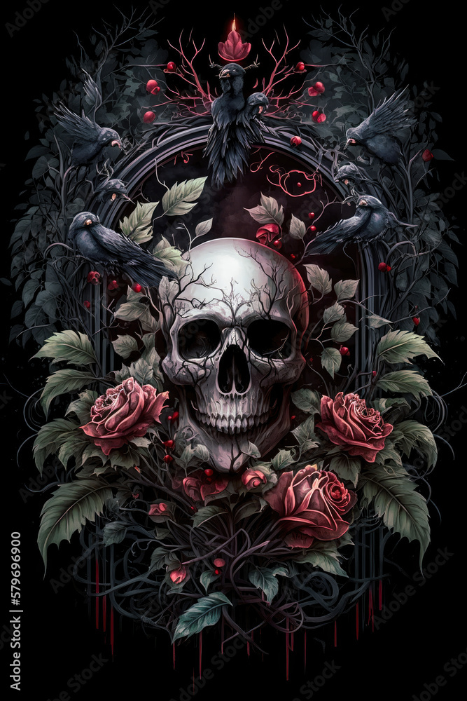 Gothic Skull with Black Roses Dark and Moody Artwork Skull PNG | AI ...