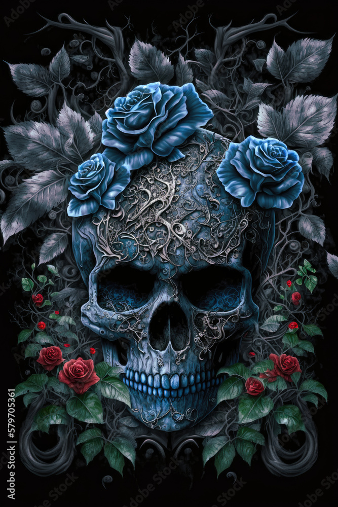 Gothic Skull with Black Roses Dark and Moody Artwork Skull PNG | AI ...