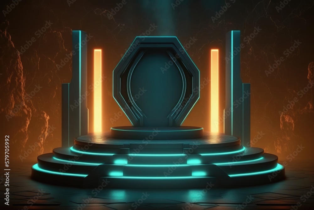 green futuristic empty podium stage with Smoke and neon light ...