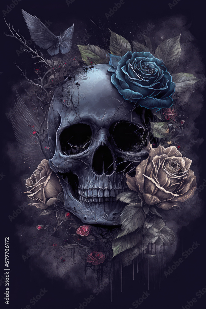 Gothic Skull with Black Roses Dark and Moody Artwork Skull PNG | AI ...