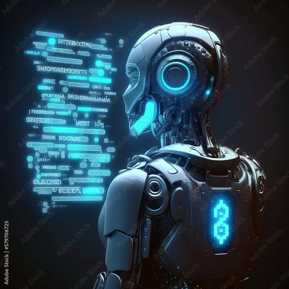 Robot humanoid, robot human, side view, technology, data, blue lights ...
