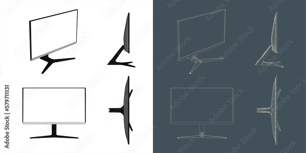 Vector Desktop Monitor Computer screen illustration line blueprint ...