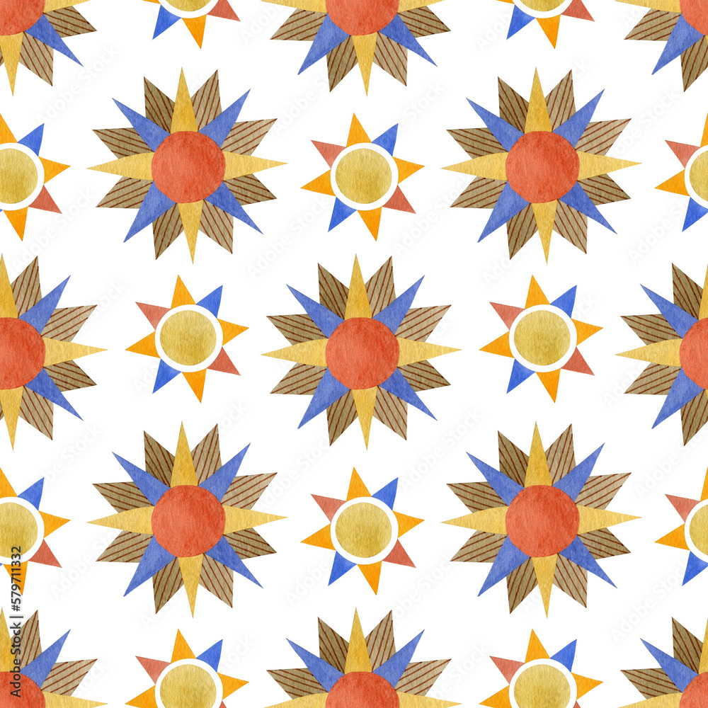 Watercolor seamless sun pattern in folk art. Stock Photo | Adobe Stock