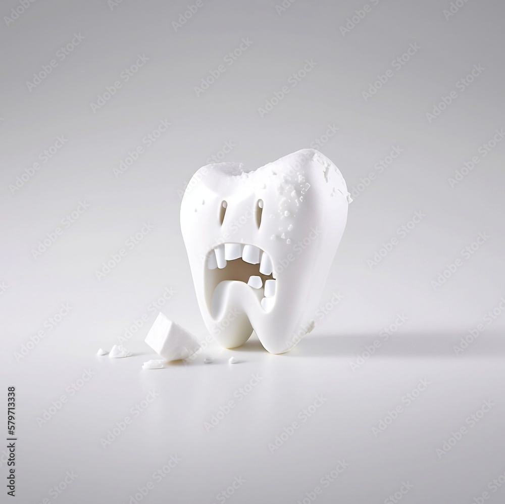 Illustrations in 3d style which depict a tooth that ate sugar, sad ...