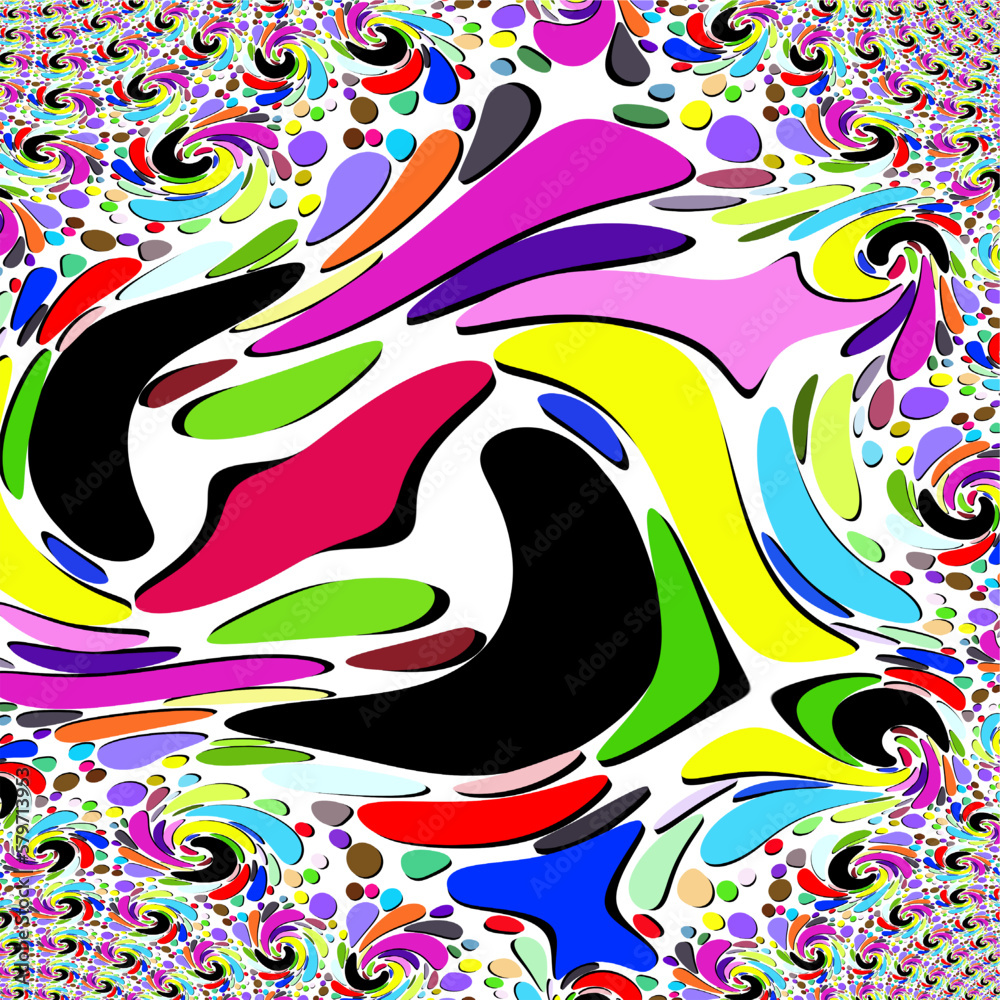 Fractalized swirl of circles and drop-like shapes with the colors of ...