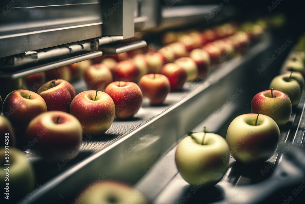 Ilustrace „Apples in a food processing facility, clean and fresh, ready ...