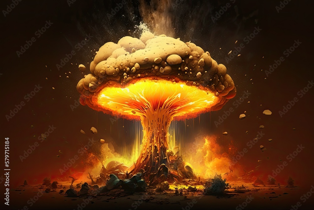 Nuclear explosion, mushroom cloud of exploding atomic bomb burning in ...