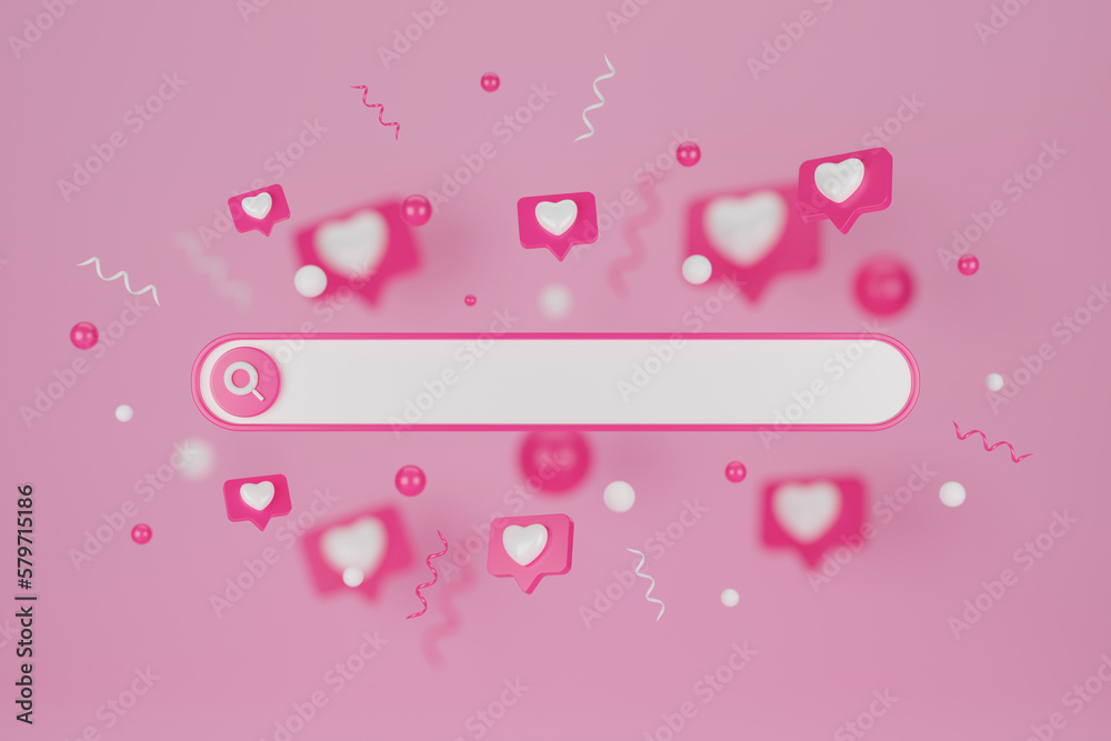 Blank web search bar and pink heart on pink background. Search bar ...