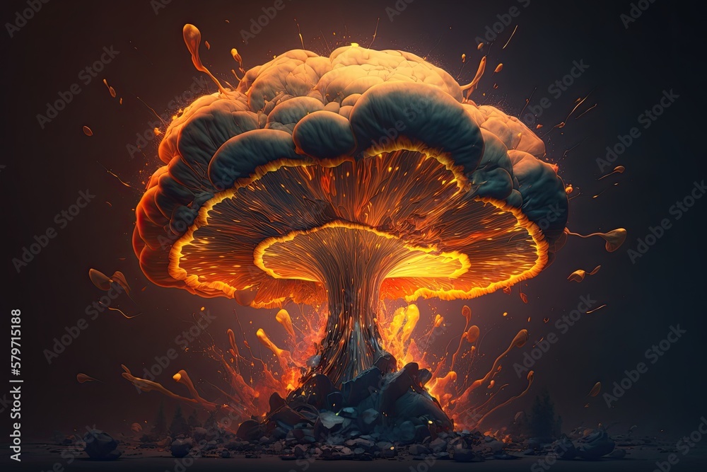 Nuclear explosion, mushroom cloud of exploding atomic bomb burning in ...