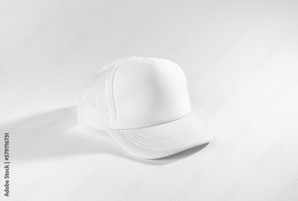 Trucker cap, snapback, all white, white mesh. Isolated on white. Mock ...
