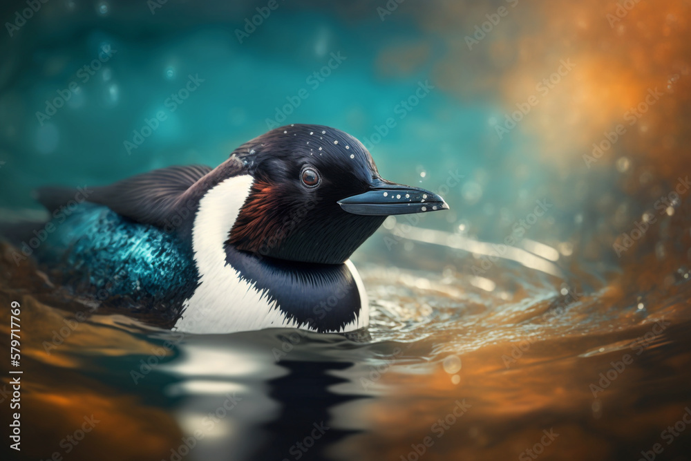 Little Auk bird swimming on pond close-up. Isolated on blurred ...
