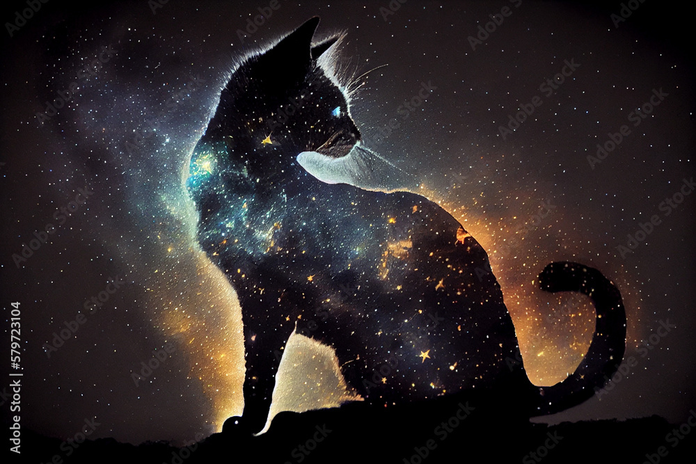 Silhouette of a cat from the fog and stars in the night sky. AI ...