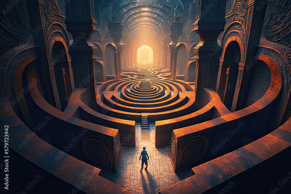 Person wanders in labyrinth of his consciousness. Man silhouette in ...