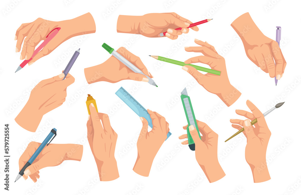 Writing tools in hand set. Character with colorful pencils, markers and ...