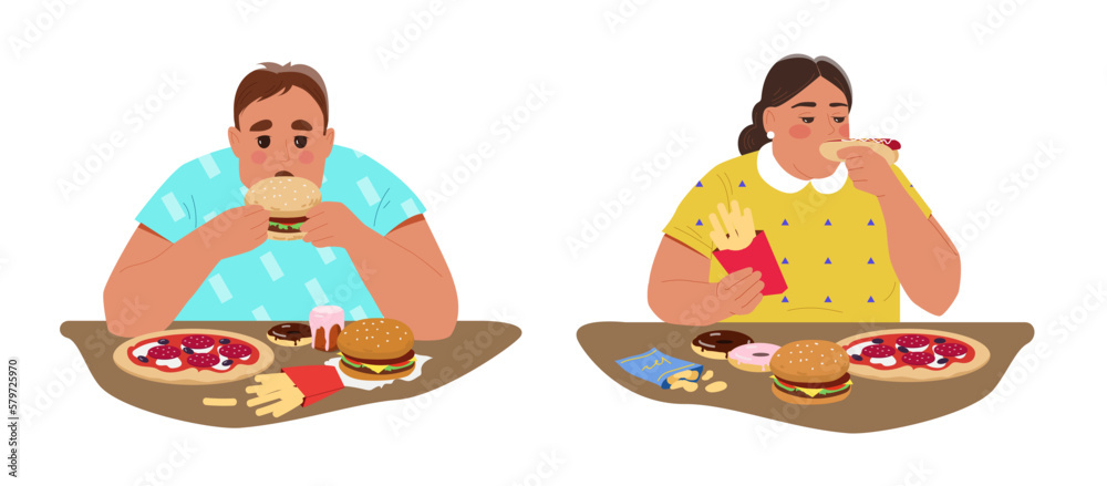 People with junk food. Man and woman with fast food. French fries ...