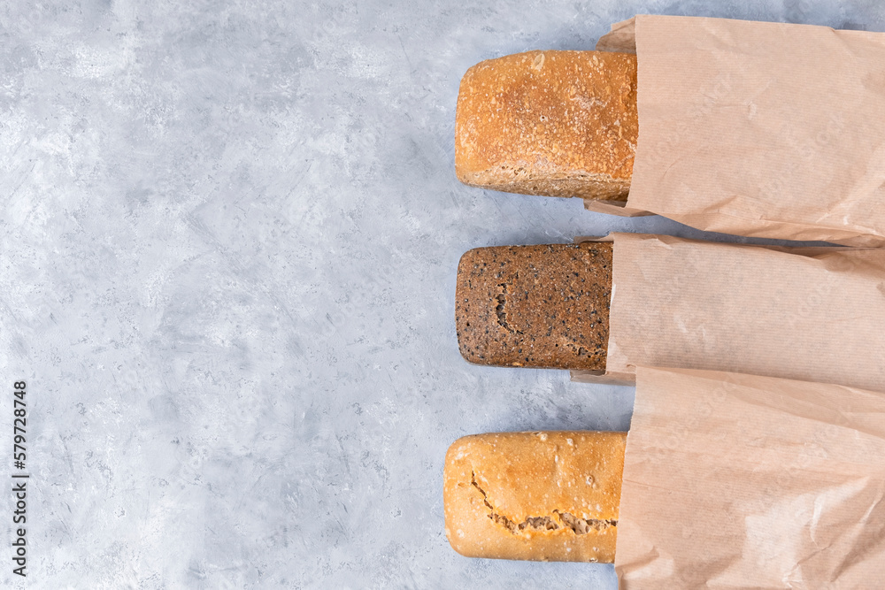 Top view of sourdough bread loaves, three different types: dark bread ...