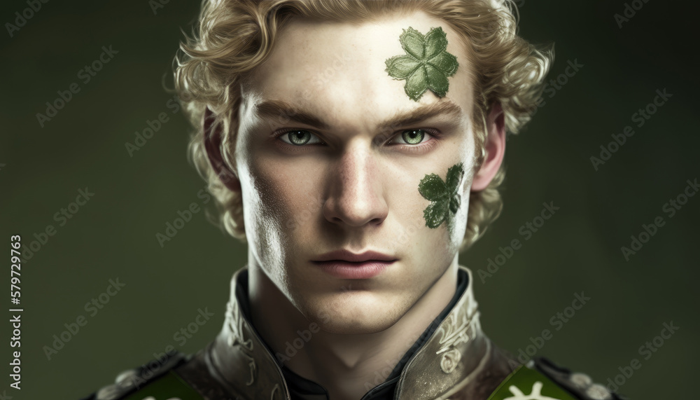 Young Irish man with green eyes on a green background with a four-leaf ...