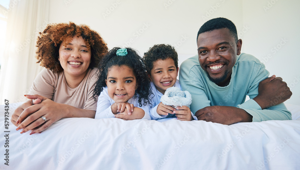 Family, portrait and parents with children and love, relax at home and ...