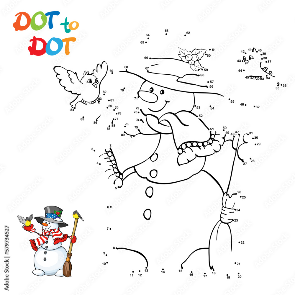 Connect The Dots and Draw Cute Cartoon snowman. Educational Game for ...