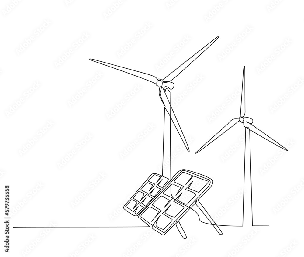Continuous one line drawing of wind turbines eco energy. simple wind ...