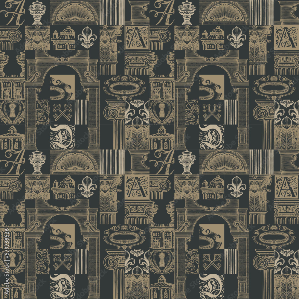 Abstract seamless pattern on theme of medieval architecture and art ...