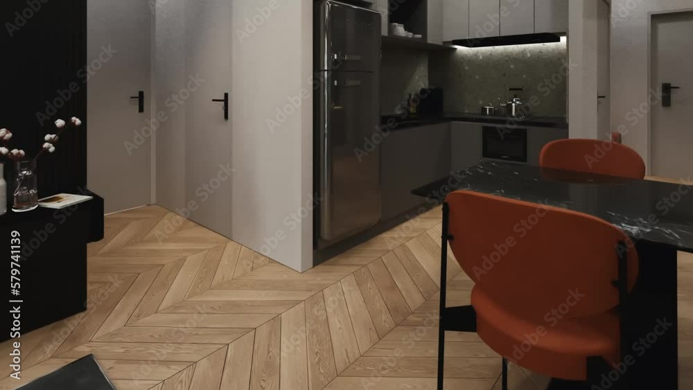interior of modern luxury living room with kitchen with furniture ...