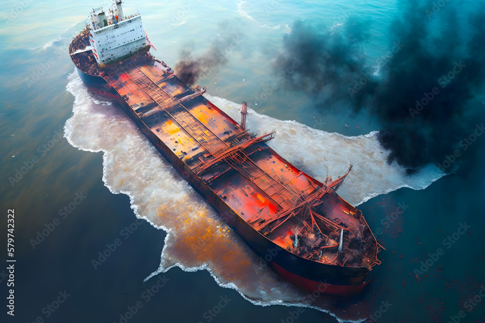 Disaster of oil carrying tanker, fuel oil, oil products. A hole in the ...
