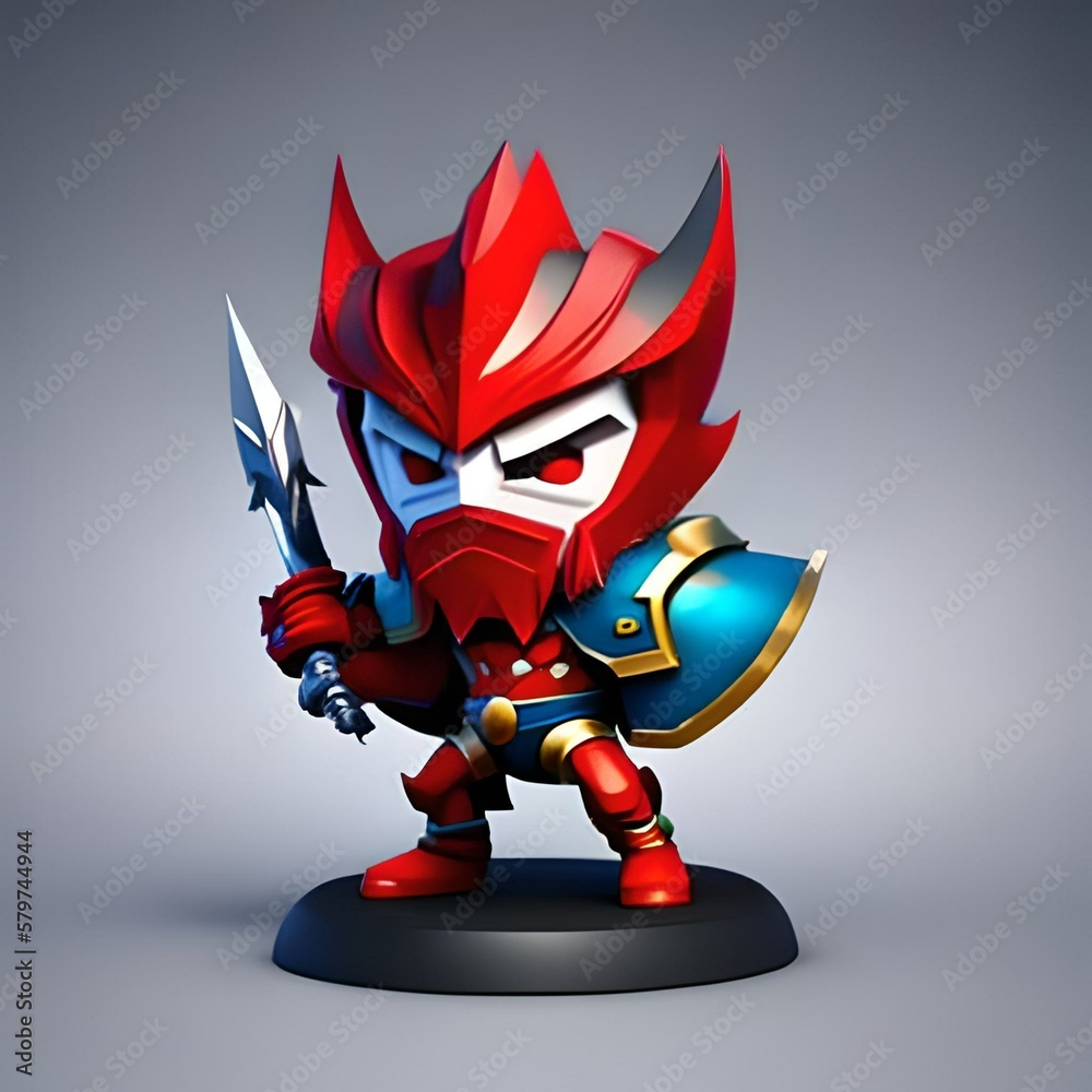 thin body man, big head, eyes, chibi, with beard, with red armor ...
