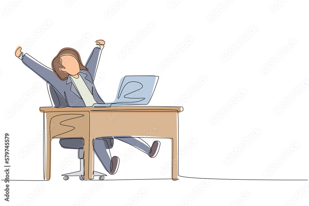 Continuous one line drawing happy businesswoman sitting in chair at ...