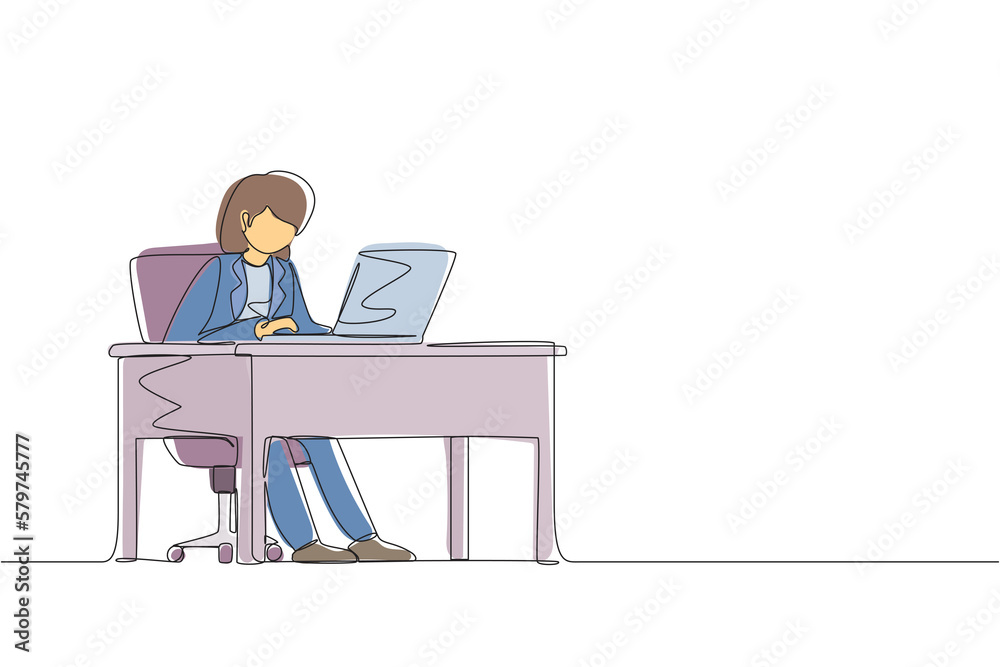 Continuous one line drawing female works in office. Woman working ...