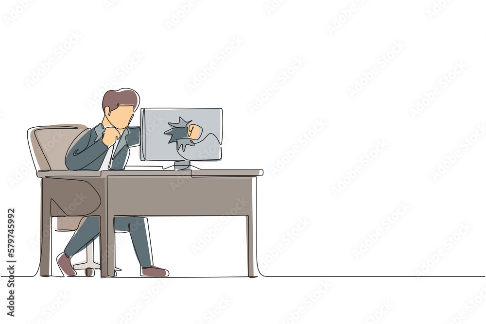 Continuous one line drawing angry businessman breaks his laptop ...